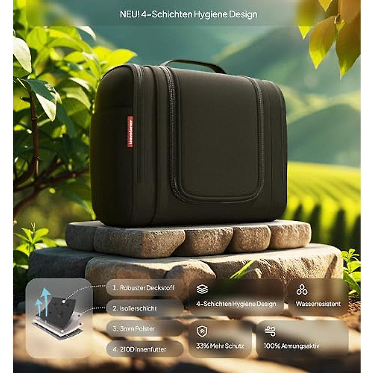 Travelaner [NEW] Hanging Toiletry Bag [Design 2023] for Women & Men, Quality Make Up & Travel Cosmetic Bag, Water Repellent, 7+ Liters of Storage Space, Large Side Pockets & Sturdy Zippers (Black)