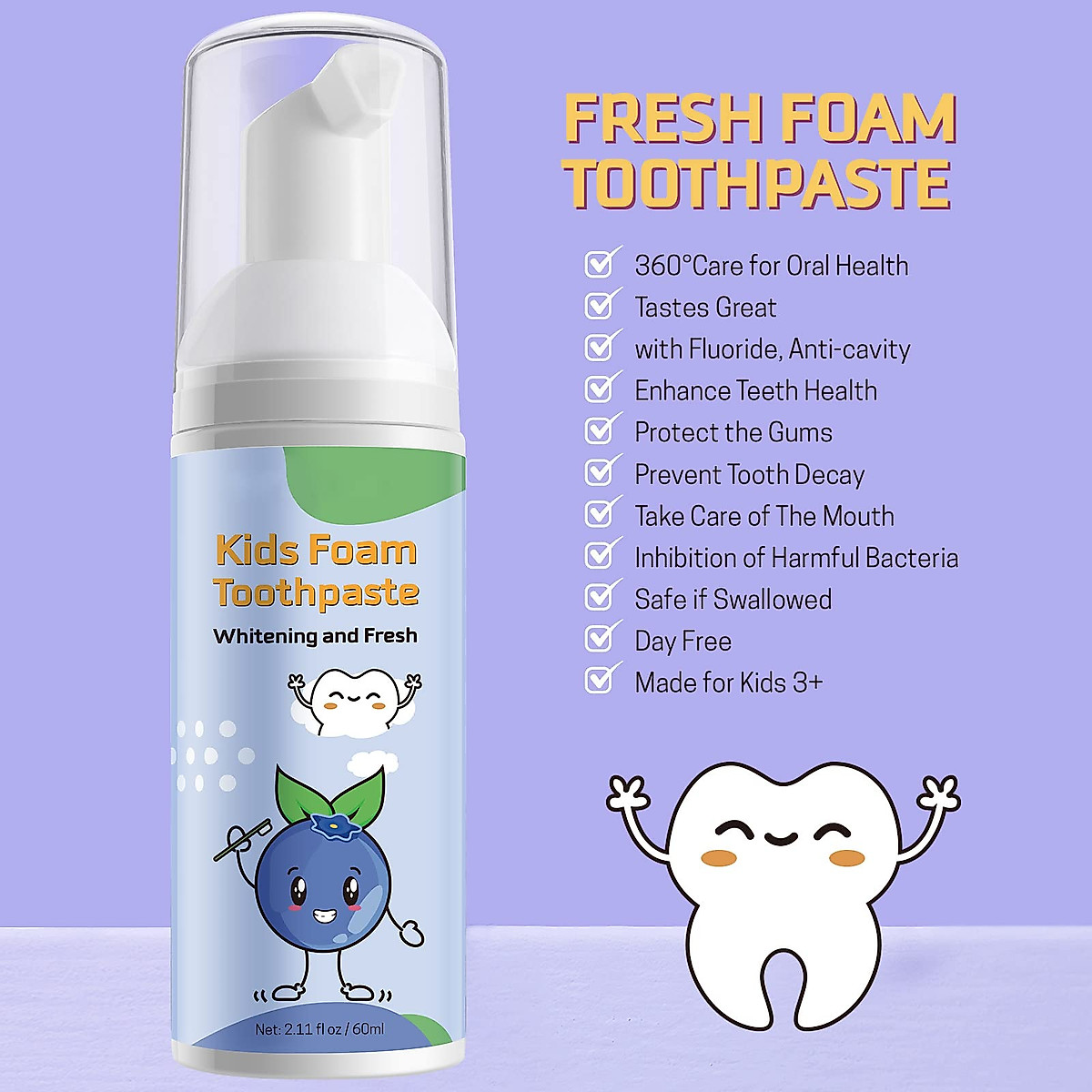 Foam Toothpaste Kids, Toddler Toothpaste with Low Fluoride, Foaming Toothpaste Kids and Mouthwash for Dental Care for Children 3+