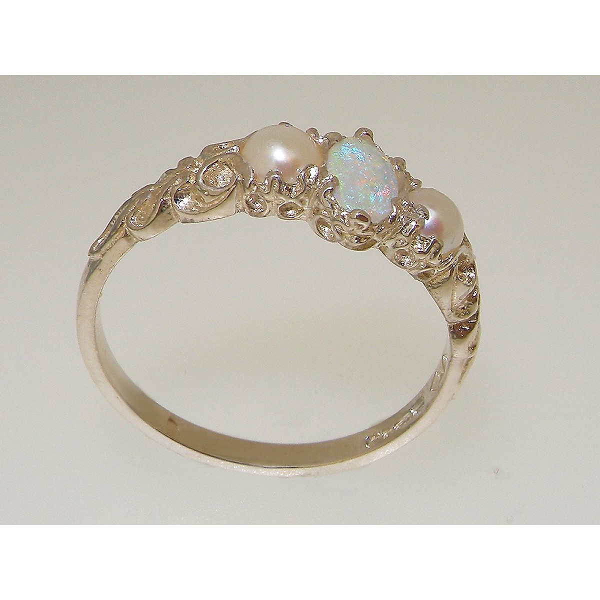 LetsBuyGold 10k White Gold Natural Opal & Cultured Pearl Womens Promise Ring - Size 6.5