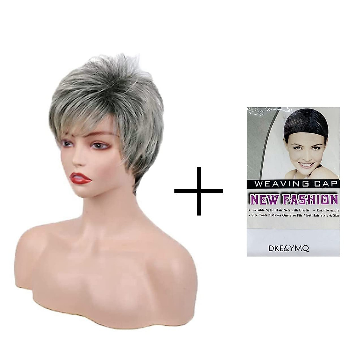 Gray Wigs for Women, Temperament, Oblique Bangs, Texture, Fluffy Short Hair, Black Gradient Silver, Middle-Aged and Elderly Women’S, Natural Hair Wig for Daily Use, Suitable for Girls and Women
