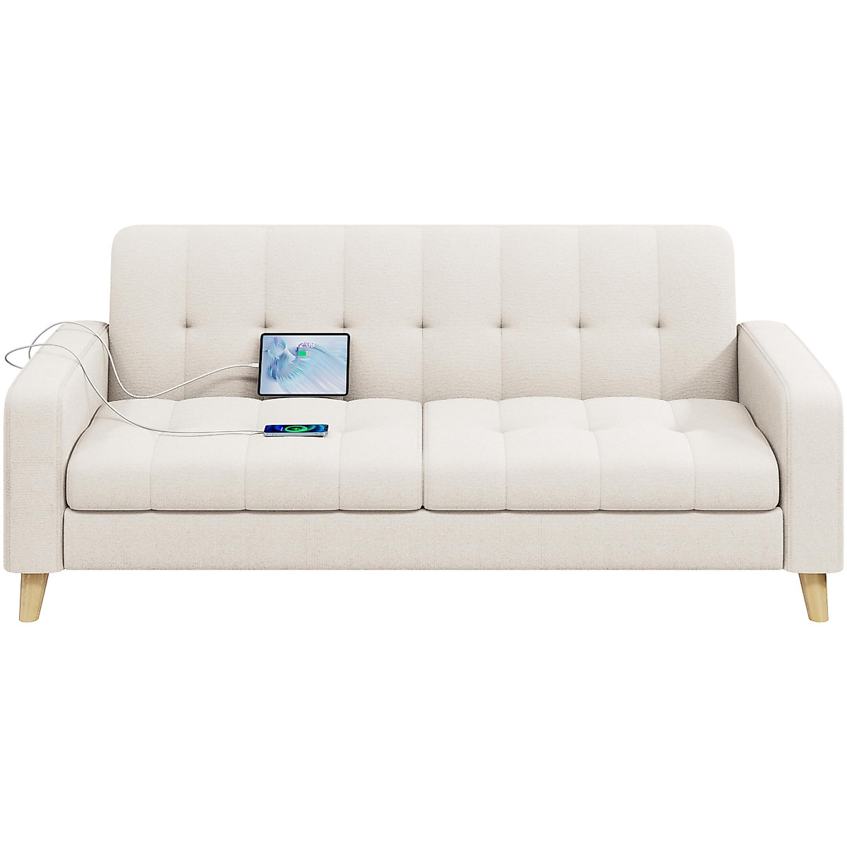 Yaheetech 2-Seater Fabric Sofa Loveseat with USB Ports Mid-Century Modern 65? W Couch Sofa with Solid Wood Legs for Living Room Apartment Bedroom Office Beige
