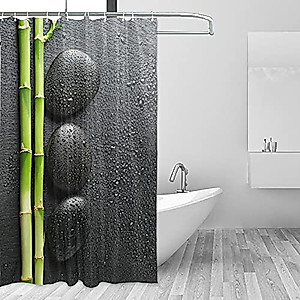 Black Zen Basalt Stones with Dew Green Bamboo on Dark Waterproof Shower Curtain, Machine Washable Polyester Cloth with 12 Hooks, No Smell Bath Tub Stall Curtain Liner 48"(W) x72(H)