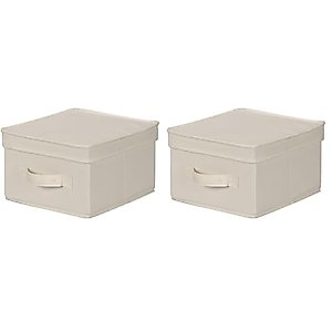 Household Essentials 111 Storage Box with Lid and Handle - Natural Beige Canvas - Medium,Natural Trim (Pack of 2)