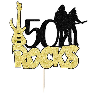 Sleyberoy Rocks 50 Cake Topper - Glitter Fabulous Fifty Years Birthday Party、Happy 50th birthday Theme party cake decorations（Rocks 50)