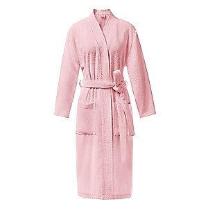 SIORO Terry Cloth Robes for Women Cotton Kimono Bathrobe Towel Soft Fuzzy Absorbent Long Sleeve Calf Length Robe Plush Warm Shower Housecoat，Light Pink Small