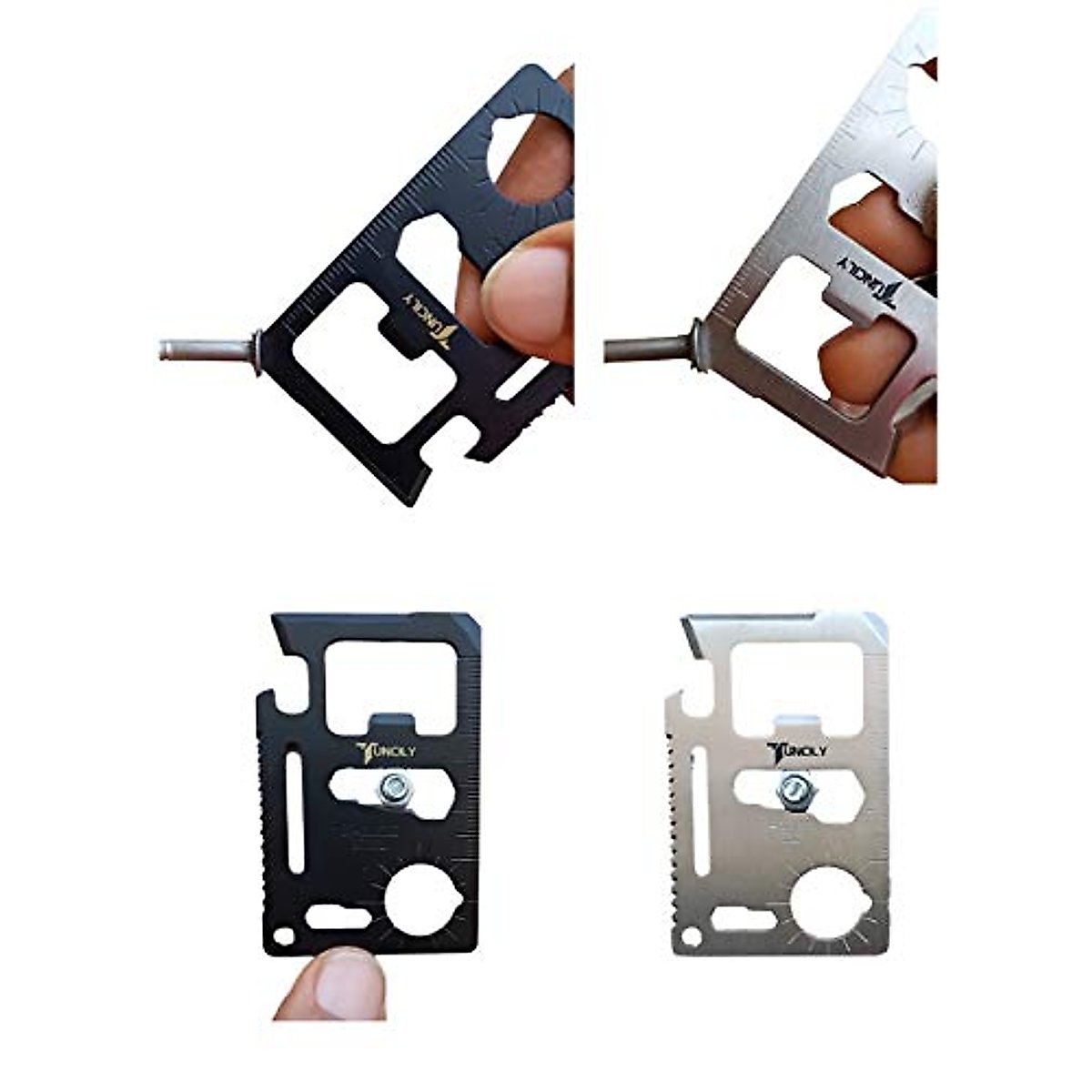 Survival Credit Card Multitool by Tuncily (2 Pack - Black & Silver) - 11 in 1 Wallet Multipurpose Tool, Bottle Opener, Everyday Utility Tactical Multi Tool, Christmas Gifts Stocking Stuffers for Men