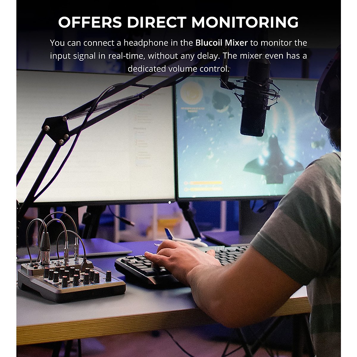Blucoil 4-Channel Audio Mixer with 48V Phantom Power, 2-Band EQ, Delay and Repeat Effects, Bluetooth, XLR Microphone and MP3 USB Inputs for Home Studio Recording on Windows and Mac