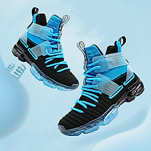 JMFCHI Boys Basketball Shoes Kids Sneakers High-top Sports Shoes Durable Lace-up Non-Slip Running Shoes for Little Kids Big Kids and Girls Size 5 Black Blue