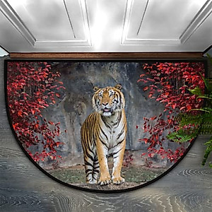 Nichpedr Welcome Half Round Door Mat African Animal Tiger Autumn Tree Entrance Way Rugs Doormats Soft Non-Slip Washable Bath Rugs Floor Mats for Home Bathroom Indoor Outdoor 18x30 Inch