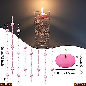 Pink Floating Candles for Centerpieces Vases Set - 12 Dripless Wax Burning Candles Small Unscented Floating Candles + 10 Artificial Pearl String (40 Inch) for Weddings, Party and Home Decorations