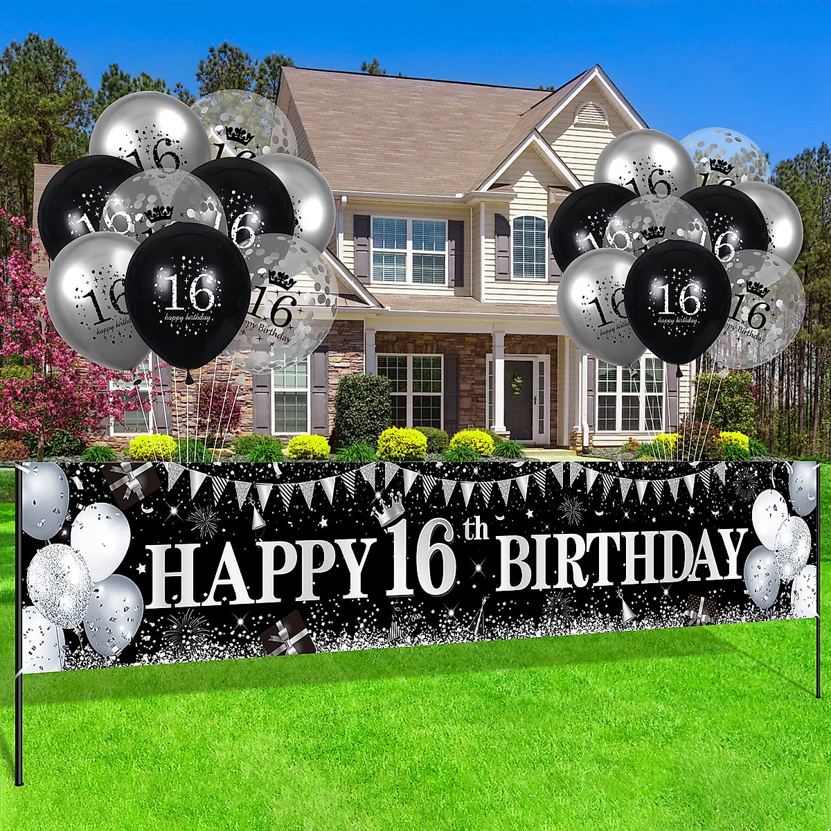 Black Silver Happy 16th Birthday Decorations Black Silver Happy 16th Birthday Banner Yard Sign and 18Pcs Black Silver 16th Birthday Balloons for Boys Girls Birthday Anniversary Party Decor Supplies