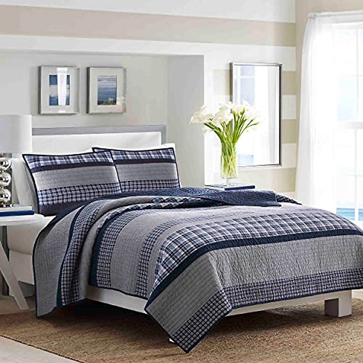 Nautica Home | Adleson Collection | 100% Cotton Reversible and Light-Weight Quilt Bedspread, Pre-Washed for Extra Comfort, Easy Care Machine Washable, Twin, Blue/Grey
