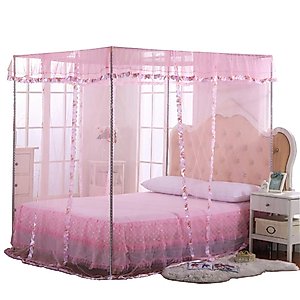 JQWUPUP Twin Canopy Bed Curtains - 4 Corner Canopy for Beds, Bed Canopy for Girls Adults, Bedroom Decor (Twin Size, Pink)