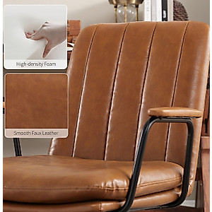 Zouron Swivel Mid Century Modern Office Chair, Ergonomic Desk Chair for Living Room, Computer Chair PU Leather Home Office Chair with Oak Wood Legs, Yellow Brown, No Wheel