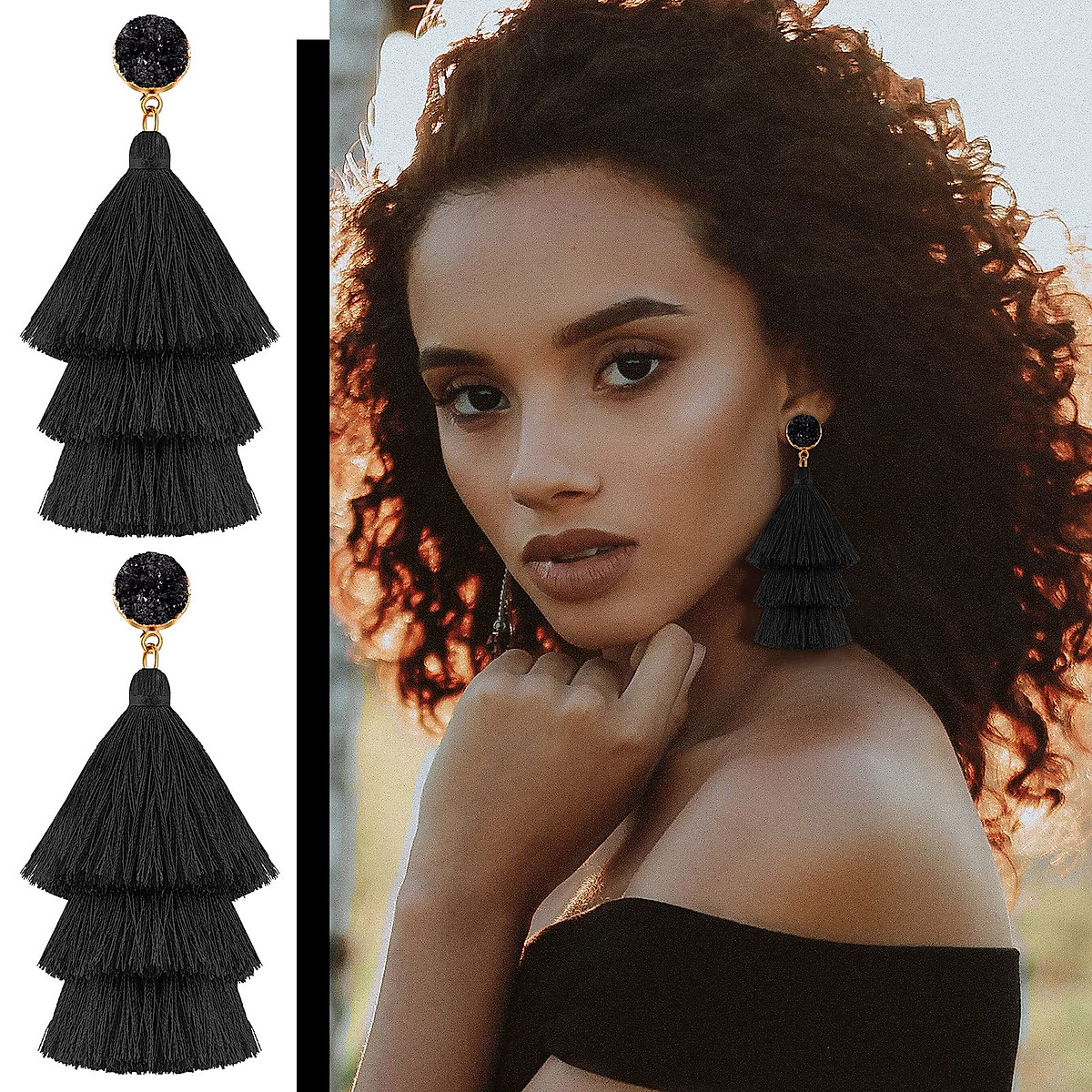 Bonuci 4 Pairs Tassel Earrings Red Earrings for Women Tassel Earring for Women Bohemian Druzy Stud Dangle Birthday Christmas Wedding Daily (White, Red, Rose Red, Black)