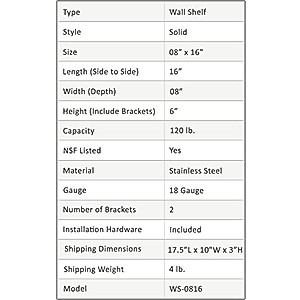 AmGood 8" X 16" Stainless Steel Wall Shelf | Metal Shelving | Garage, Laundry, Storage, Utility Room | Restaurant, Commercial Kitchen | NSF