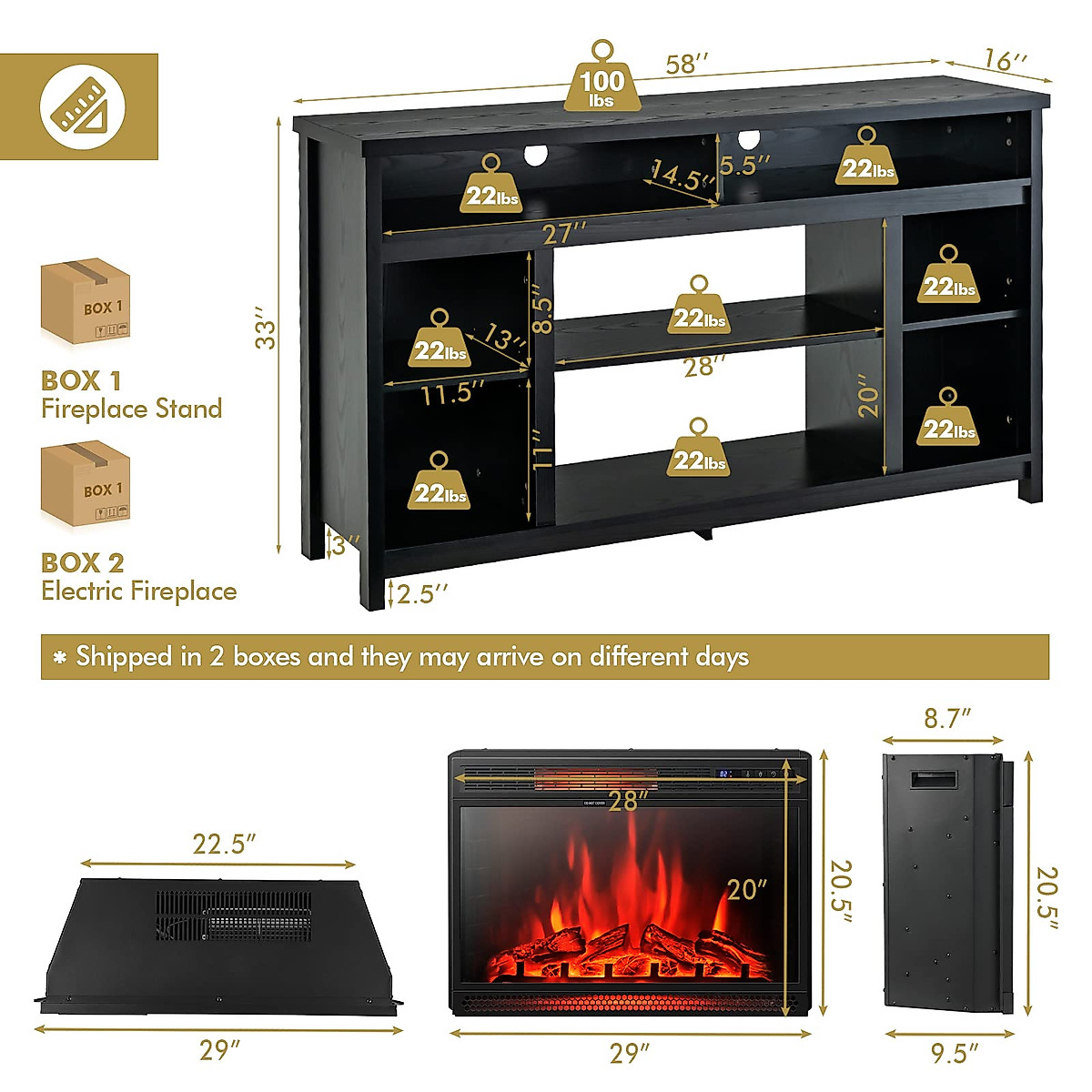 Tangkula 58 Inches Fireplace TV Stand for TVs up to 65 Inches, Modern Entertainment Center w/ 28 Inches Fireplace Insert, Remote Control, Electric Fireplace TV Console Table (Black)