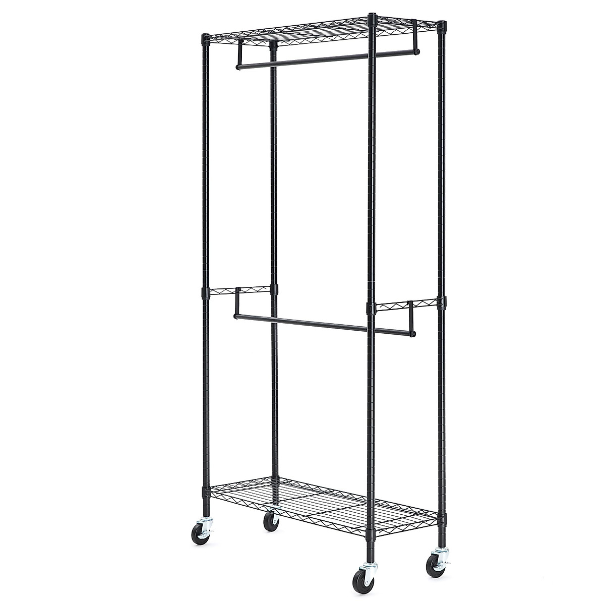 Amazon Basics Adjustable, Double Hanging Rod Garment Rolling Closet Organizer Rack - Black, 72 inches