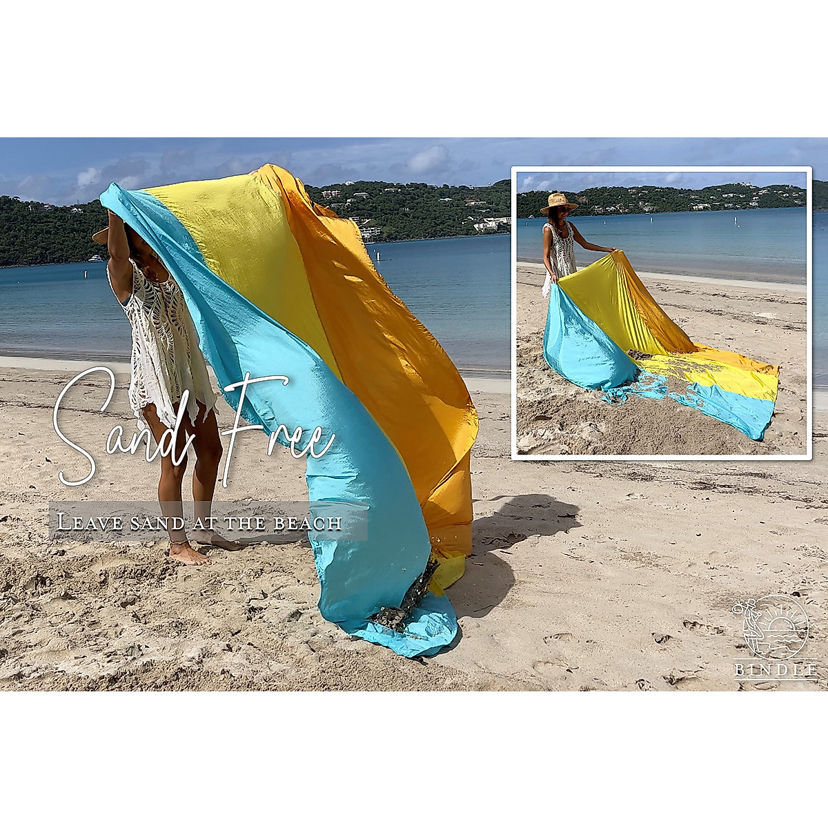 BINDLE Eco-Beach Blanket 84"x80" Large, Recycled Lightweight Material, Sand Free Water Resistant Sandproof, Oversized Portable Picnic Mat for Outdoors Camping Travel, Beach Vibes