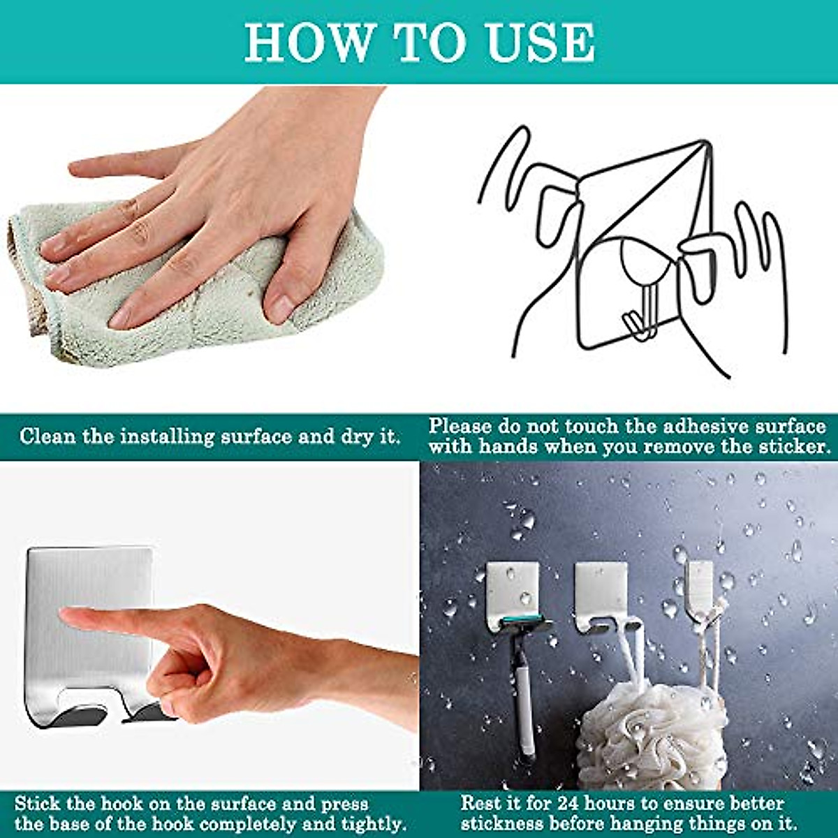 8 Pcs Self Adhesive Metal Dual Wall Hooks, FineGood Stainless Steel Waterproof Hanger Wall Mounted Double Hooks Heavy Duty Sticky Utility Storage Hooks for Bathroom Bedroom Kitchen