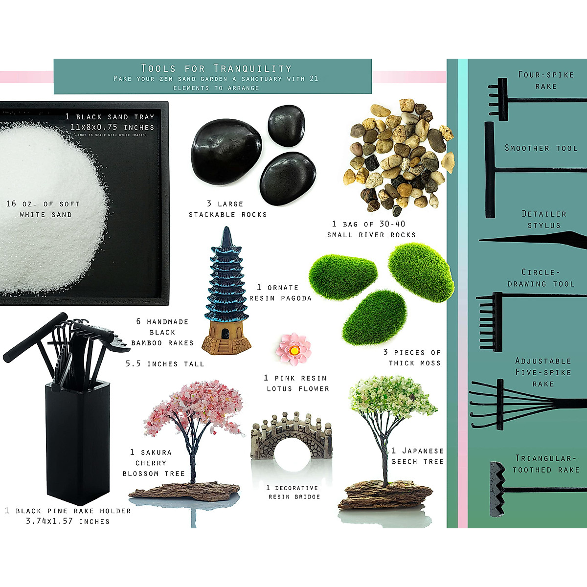 Zen Garden for Desk – 21pc. Japanese Zen Sand Garden Kit for Home, Office Desktop, Beautiful Gift, Therapy, Meditation Mini Decor Set– 11x8in. Large Sand Tray, Rocks, Black Rake Tools & Accessories