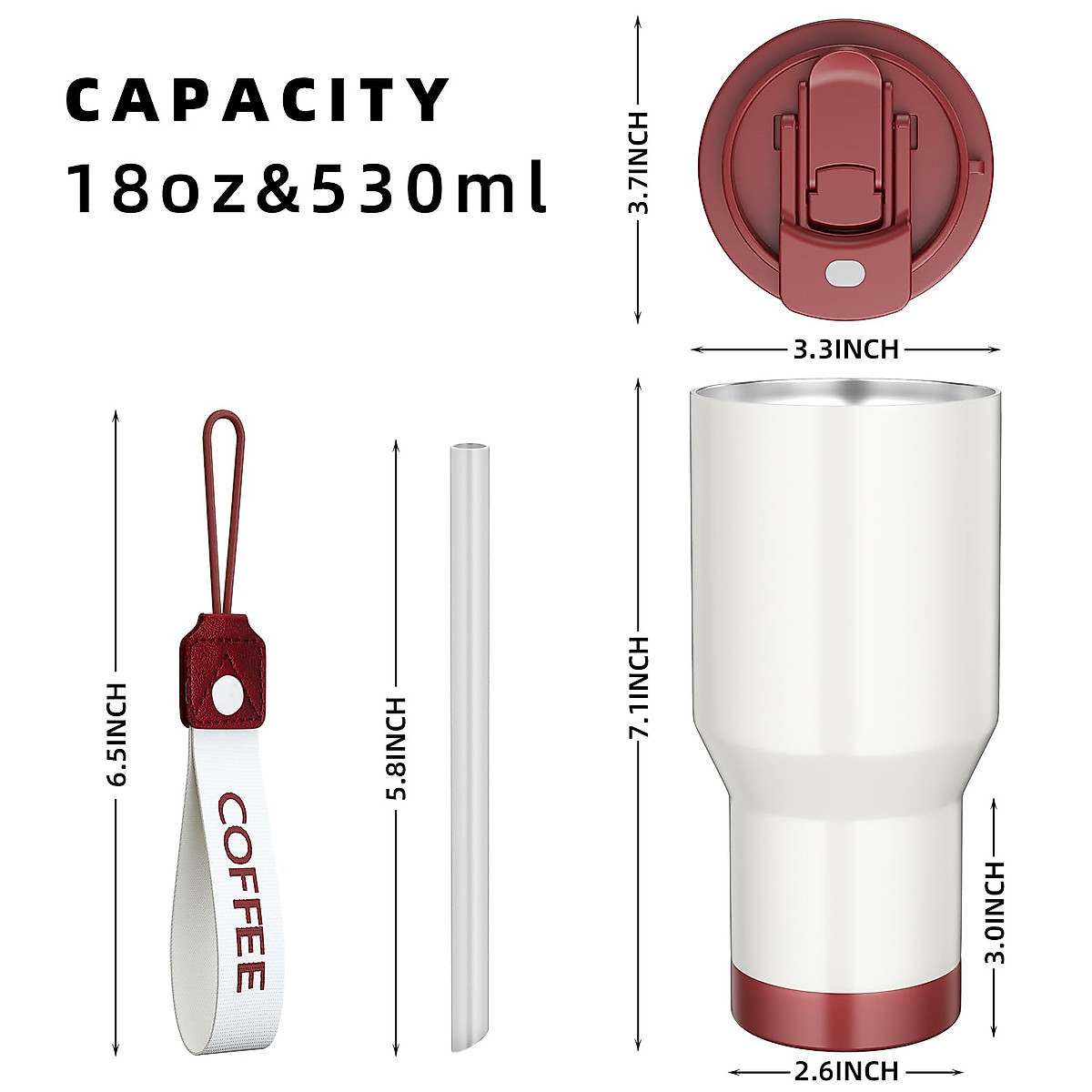 Weisidi Coffee Mug - 18 oz (530ml) Stainless Steel Vacuum Insulated Tumbler - Spill Proof Travel Coffee Tumbler - Keeps Drinks Hot and Cold - Coffee Travel Mug Spill Proof Leak Proof (white-red)