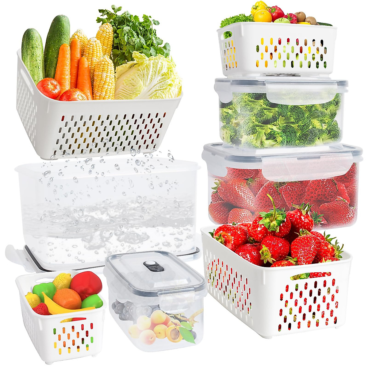 4 Pack Fruit Storage Containers for Fridge with Removable Colanders, Produce Storage Containers for Fridge, Airtight Food Storage Containers for Berry Fruit Vegetable Meat Keeper Fresh (with handle)