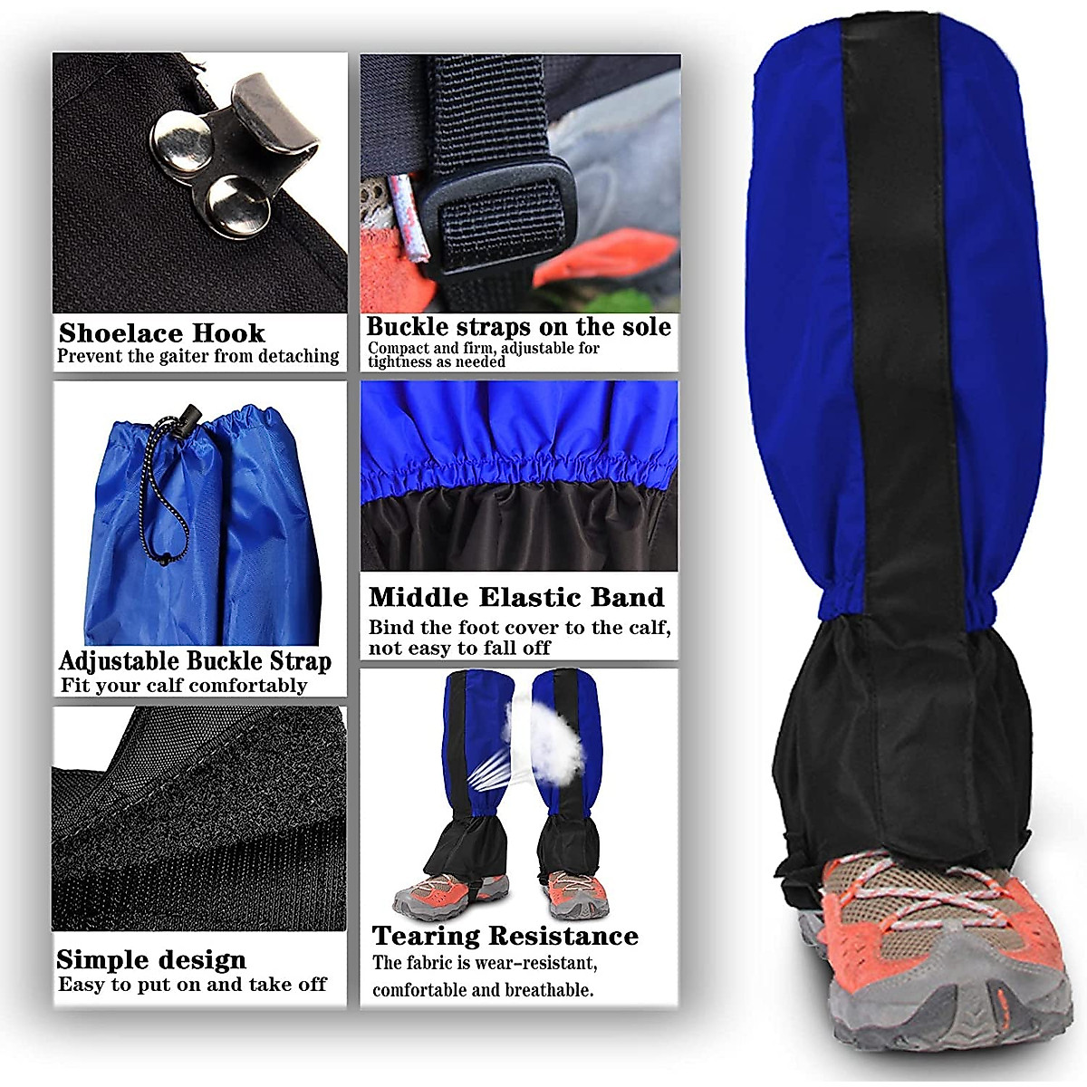 Leg Gaiters Waterproof Men Women Snow Boot Gaiters Hiking Shoe Gaiters Anti-Tear Adjustable Leggings Cover Ankle Leg Guard for Outdoor Hunting Camping Skiing Walking Mountain Climbing (Blue 18")