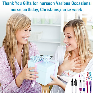 HOYDATE 8Pcs Mini Highlighter Nurse Pen Pack Set Nurse Pens for Badge Include Tip Highlighter 2 Permanent Marker Pens and 2 Retractable Ball Pen with 2 Nursing Keychain Clip (Rose Red+Blue)