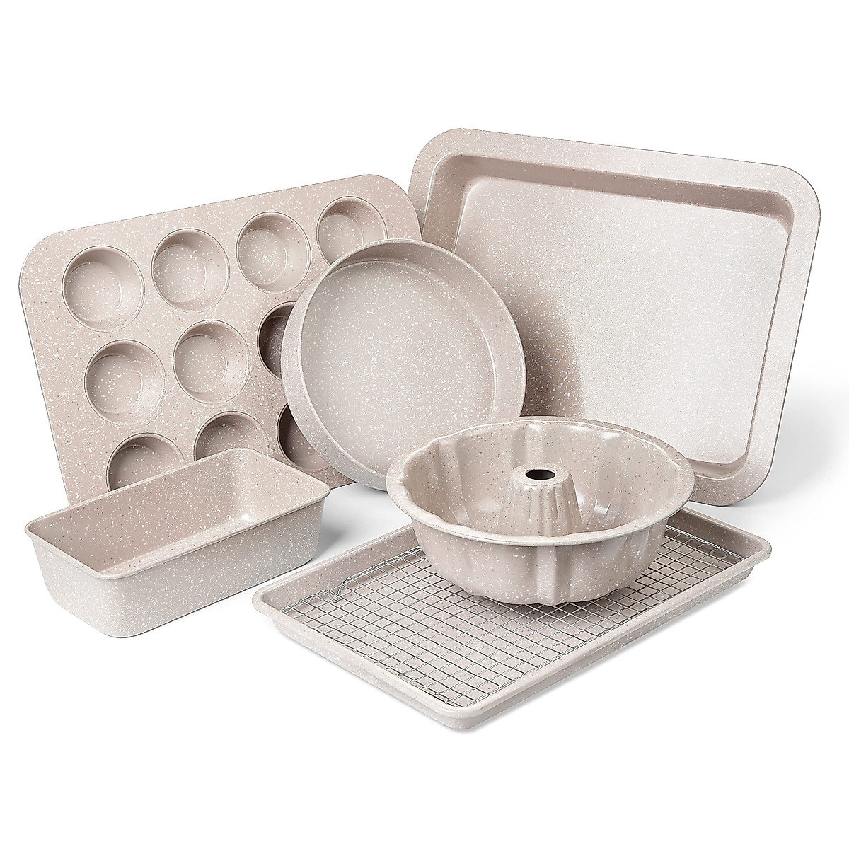 Nonstick Bakeware Set - 7 Piece Oven Bakeware With Cookie Sheet, Cake Pan, Loaf Pan, Muffin Pan, Roaster, Cooling Rack - PTFE & PFOA Free Baking Supplies