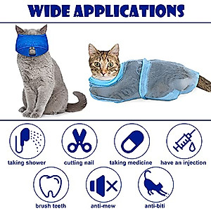 5 Pieces Cat Bathing Bag Set Cat Grooming Bag Adjustable Pet Shower Net Bag Cat Muzzles Anti-Bite Anti-Scratch Nail Clipper Tick Remover Tool Massage Brush for Pet Bathing Cleaning Trimming (Blue)
