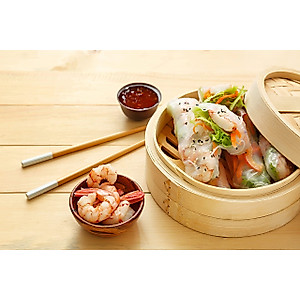 Bamboo Steamer for Cooking 10” -by DoSensePro Includes 2 Tiers, Stainless Steel Dumpling Maker, Liners, Ceramic Dish, and Bamboo Tongs. Dumpling Steamer Basket Cooker for Healthy Low-Fat Diet