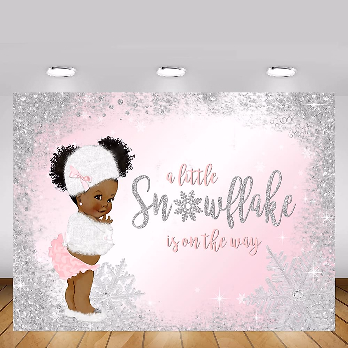 MEHOFOND Winter A Little Snowflake is On The Way Backdrop for Girls Baby Shower Pink Silver Glitter Snowflakes Baby Shower Party Decorations Photography Background Photo Shoot Banner Supplies 7x5ft