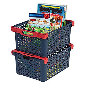 IRIS USA Boy's Medium Deep Decorative Storage Basket with Comfortable Grip Handles, 8 Pack, Toy Box, Nestable, Stackable, Kid's Storage Box for Book and Toy, Kid's Room Playroom Organizer, Navy/Red