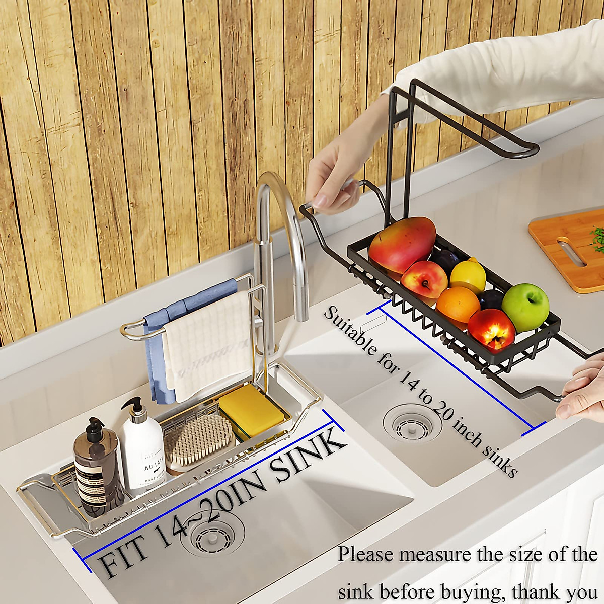 Aouton Sponge Holder for Kitchen Sink, Expandable (16.7"-21.3") Sink Caddy Sink Organizers, Stainless Steel 4-in-1 Dish Sponges Brush Soap Holder with Dishcloth Towel Drying Rack