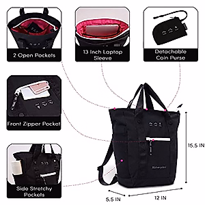 Sherpani Via, Nylon Backpack Tote with Coin Purse, Backpack for School, Backpack Purse for Women, Christmas Gifts, Fits 15 Inch Laptop (Black)