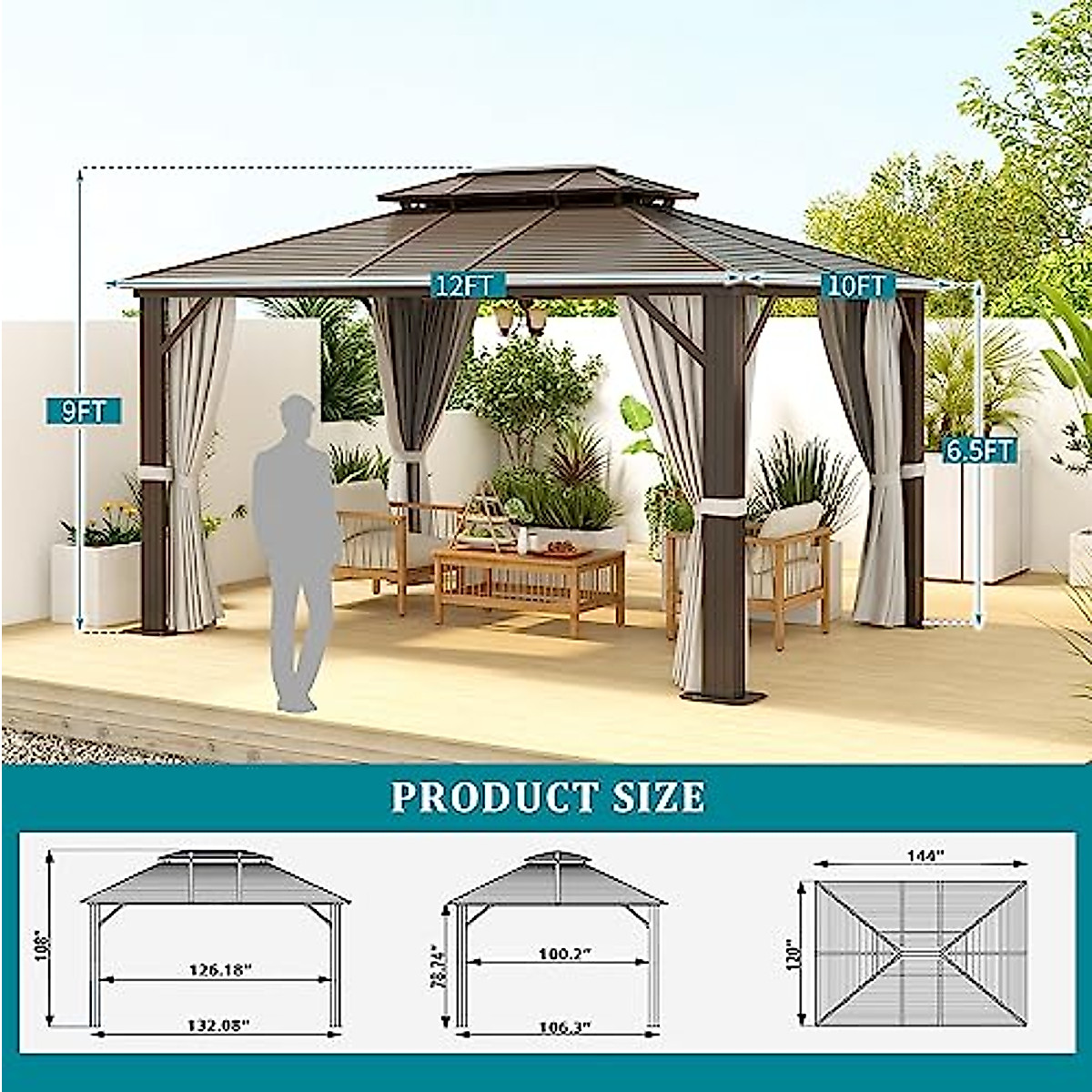 Aoxun 10'x 12' Hardtop Gazebo, Outdoor Dual-Layer Galvanized Steel Double Roof Aluminum Furniture Gazebo Canopy with Netting and Curtains for Deck Backyard Wedding Garden