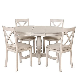 VilroCaz Modern Dining Table Set for 4, Expandable 42'' Round Dining Table and 4 Upholstered Chairs, Solid Wood 5 Piece Kitchen Dining Room Table Set, Home Family Breakfast Set (Antique White-R)