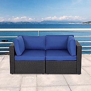 J-SUN-7 Wicker Loveseat 2 Piece,Patio Sectional Furniture Corner Sofa,All-Weather Wicker Loveseats Outdoor Rattan Couch Set Conversation Sets（Dark Blue）