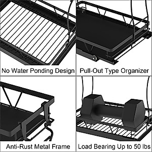 FHCZYYZ Under Sink Organizer and Storage, 2-Tier Pull Out Kitchen Under Sink Shelf Cabinet Storage, Multi-Purpose Slide Out Bathroom Under Sink Drawer Organizer Shelves with 4 Hooks, Black
