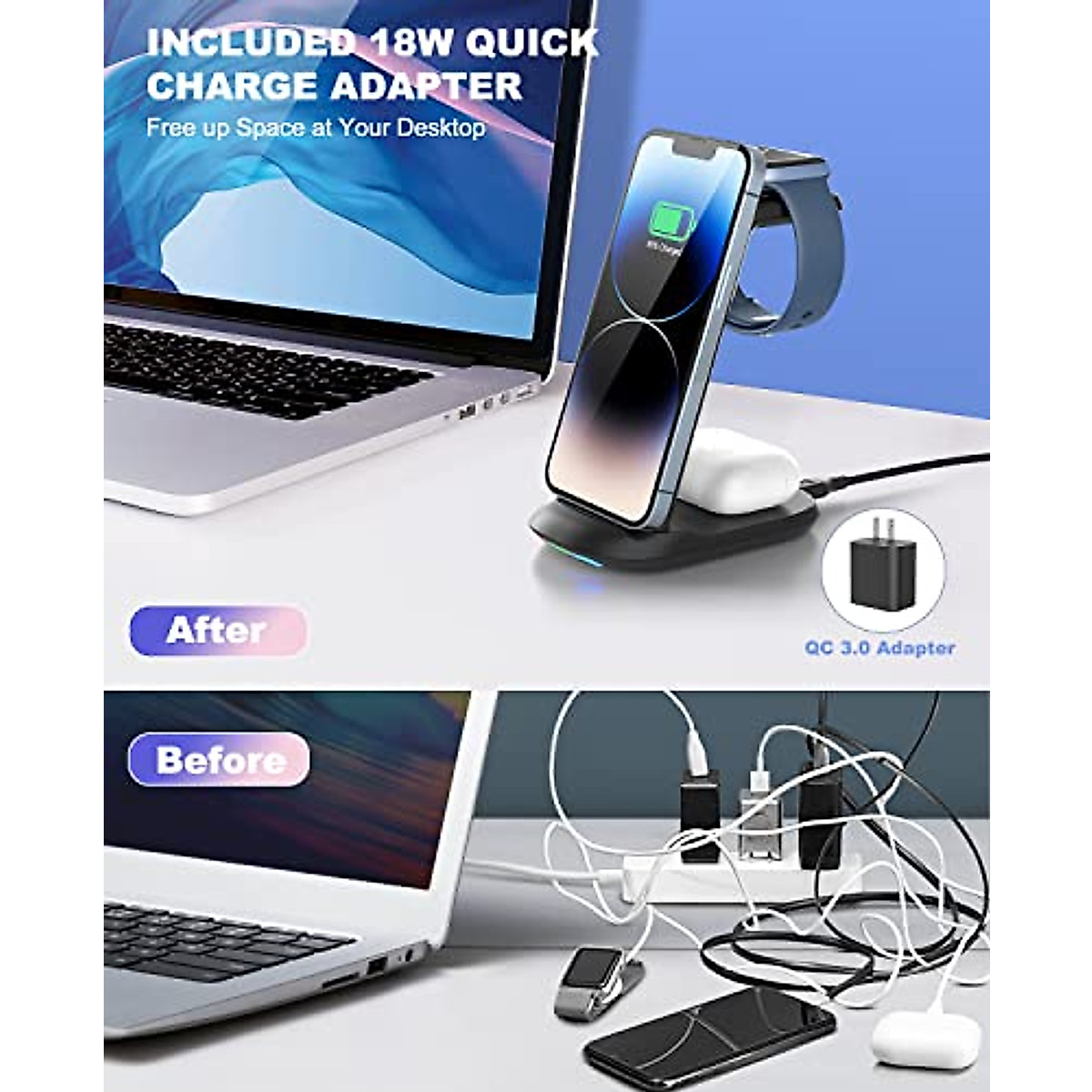 Wireless Charging Station,3 in 1 Fast Charger Stand Compatible with iPhone 14/13/12/11 Pro Max/X/Xs Max/8/8 Plus, iWatch Series ultra/8/7/6/5/SE/4/3/2, AirPods 3/2/pro/pro 2