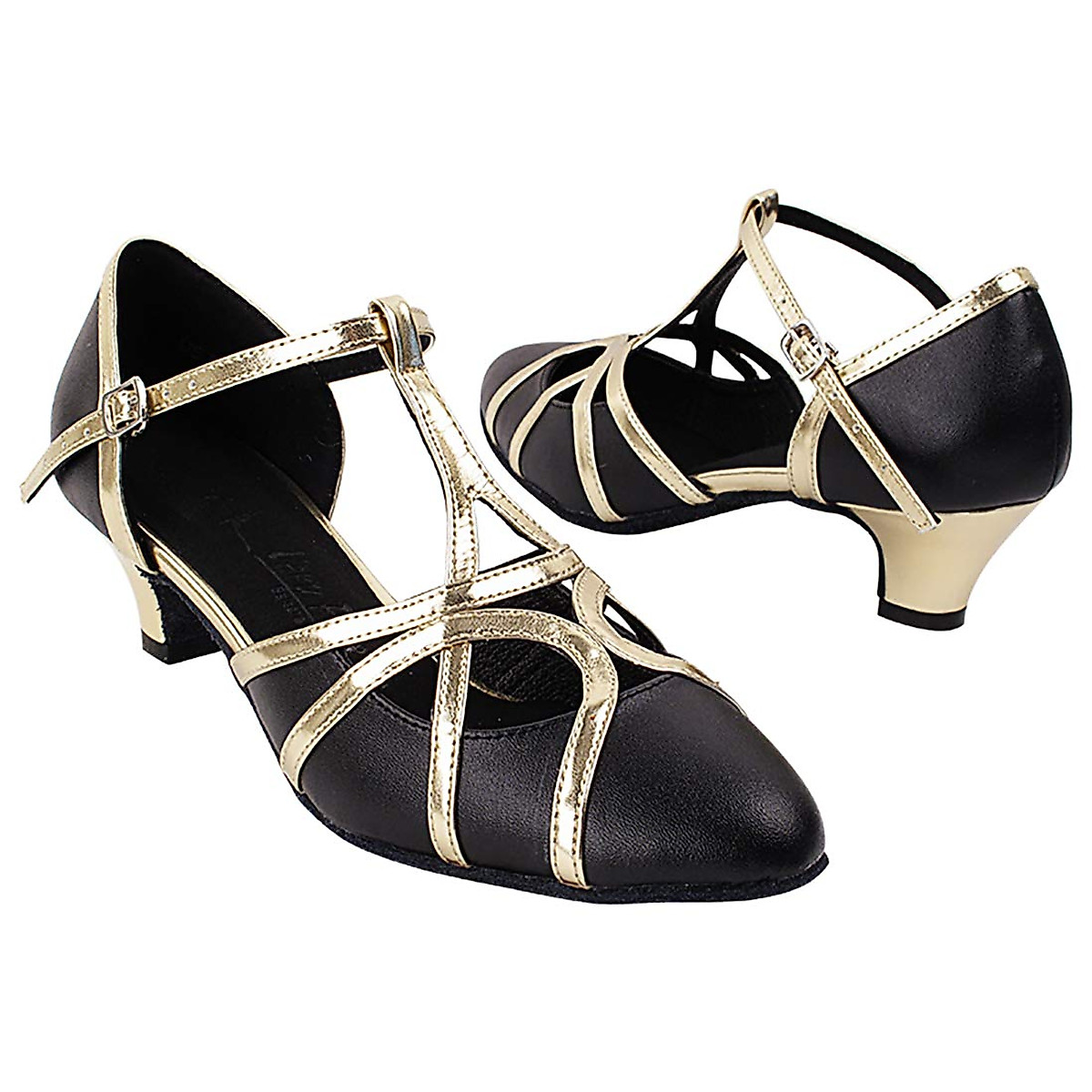 Very Fine Dance Shoes - Ladies Practice, Cuban Low Heel, Waltz Ballroom Dance Shoes - SERA3541-1.2-inch Heel and Foldable Brush Bundle - Black Leather - Light Gold Trim - 10