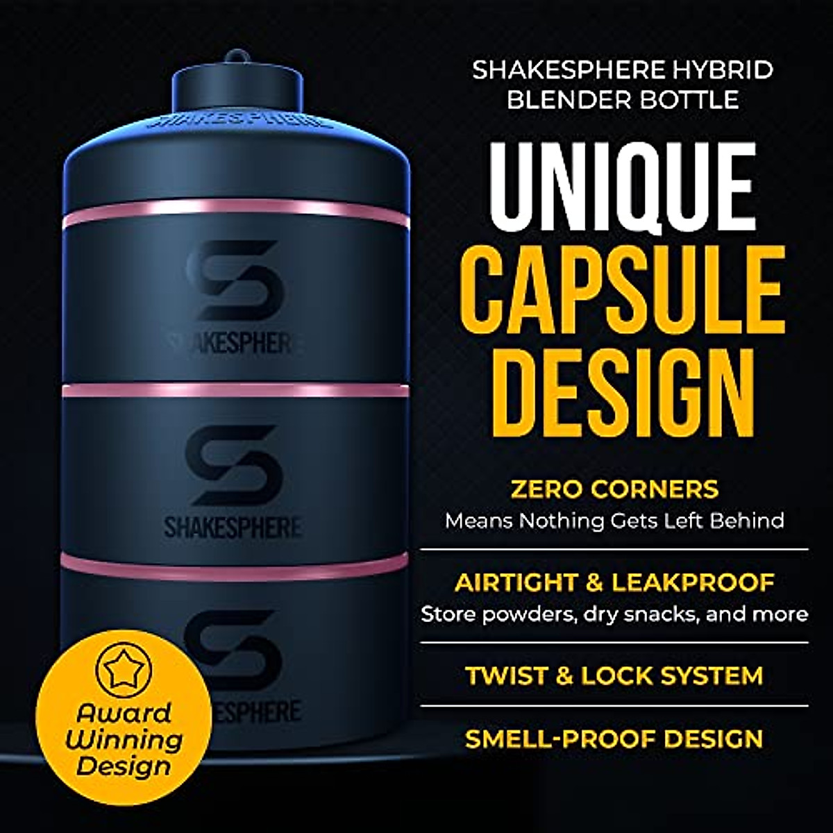 ShakeSphere Stackable Snack Containers - Organizer Carrier for Food, Protein Powders, Nuts & Supplements - 3 Leakproof, Twist Lock Holders - Portable Storage for Lunch, Office, Gym, Travel (Rose Gold)