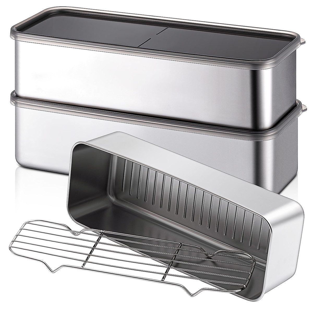 Hushee 3 Set 304 Stainless Steel Containers for Fridge, with Removable Drain Tray, Fruit Bacon Storage Airtight Deli Meat Container with Lids for Fresh Dry Food Storage(10.43 x 3.94 x 2.76 Inch)