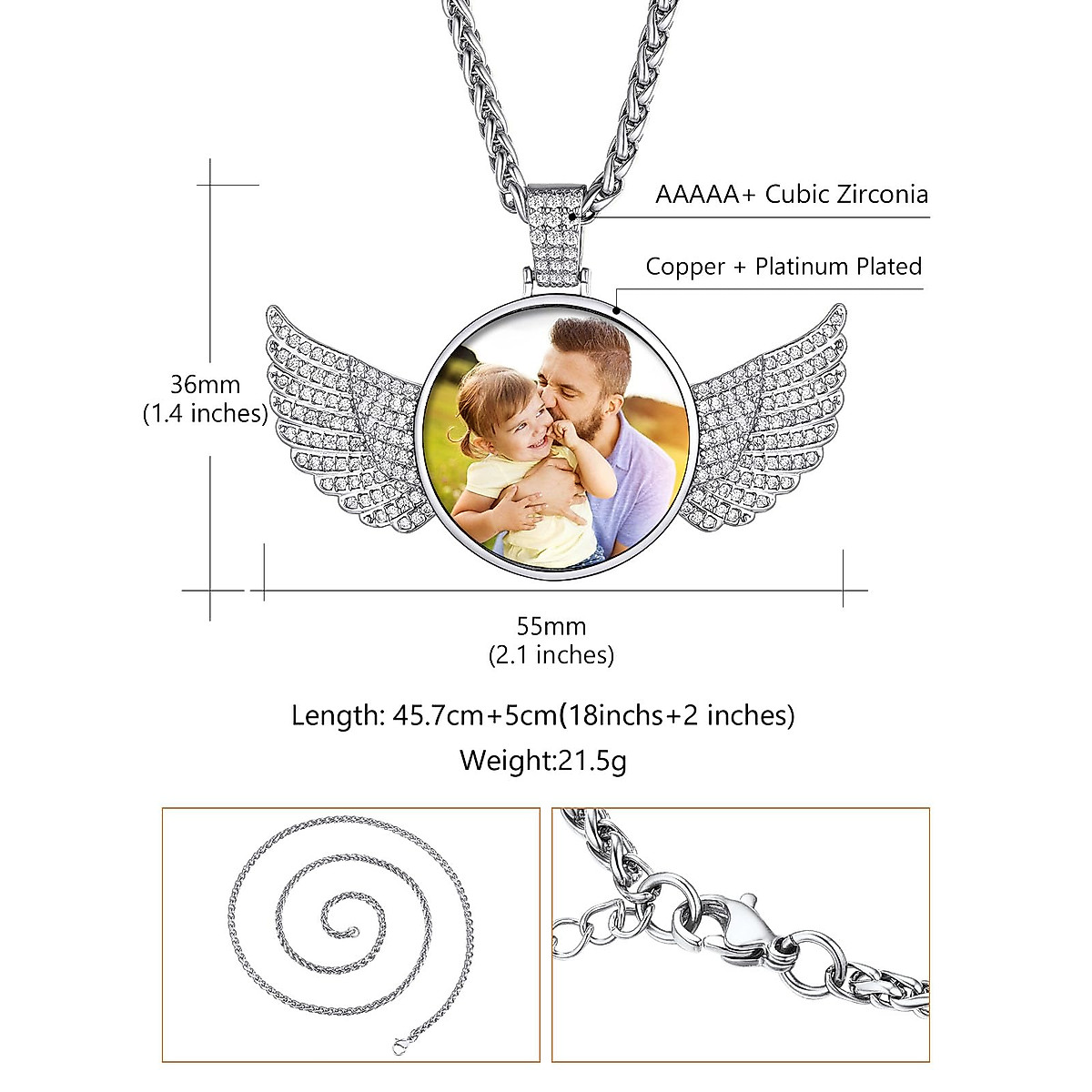 Custom4U Personalized Angel Wings Pendant Neckalce with Picture Inside Custom Photo Necklace Memorial Photo Medallion Chain Hip Hop Jewelry for Men