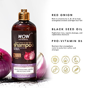 WOW Skin Science Red Onion Black Seed Oil Shampoo Increase Gloss, Hydration, Shine - Reduce Itchy Scalp, Dandruff & Frizz - No Parabens or Sulfates - All Hair Types (16.9 Fl Oz (Pack of 1))