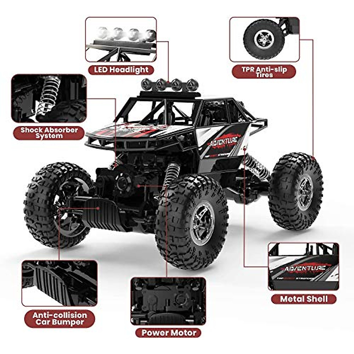 DEERC DE45 RC Cars Remote Control Car 1:14 Off Road Monster Truck,Metal Shell 4WD Dual Motors LED Headlight Rock Crawler,2.4Ghz All Terrain Hobby Truck with 2 Batteries for 90 Min Play,Boy Adult Gifts