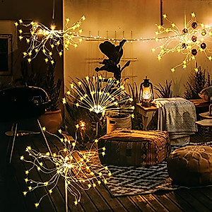 JJGoo Outdoor Solar Garden Lights, 2 Pack 120 LEDs 2 Lighting Modes Waterproof Fireworks Light for Outdoor Patio Walkway Pathway Decorative - Warm White