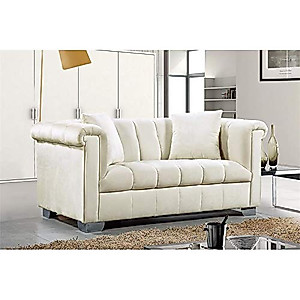 Meridian Furniture Kayla Collection Modern | Contemporary Velvet Upholstered Loveseat with Deep Channel Tufting and Custom Chrome Legs, Cream, 68" W x 37" D x 31" H