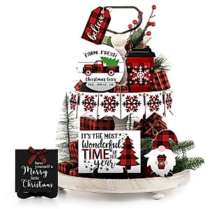 Jetec 12 Pcs Christmas Tier Tray Decoration Christmas Signs Tier Tray Decor Mini Christmas Decoration for Xmas Decoration Home House Farmhouse Party Christmas Decoration (Plaid)